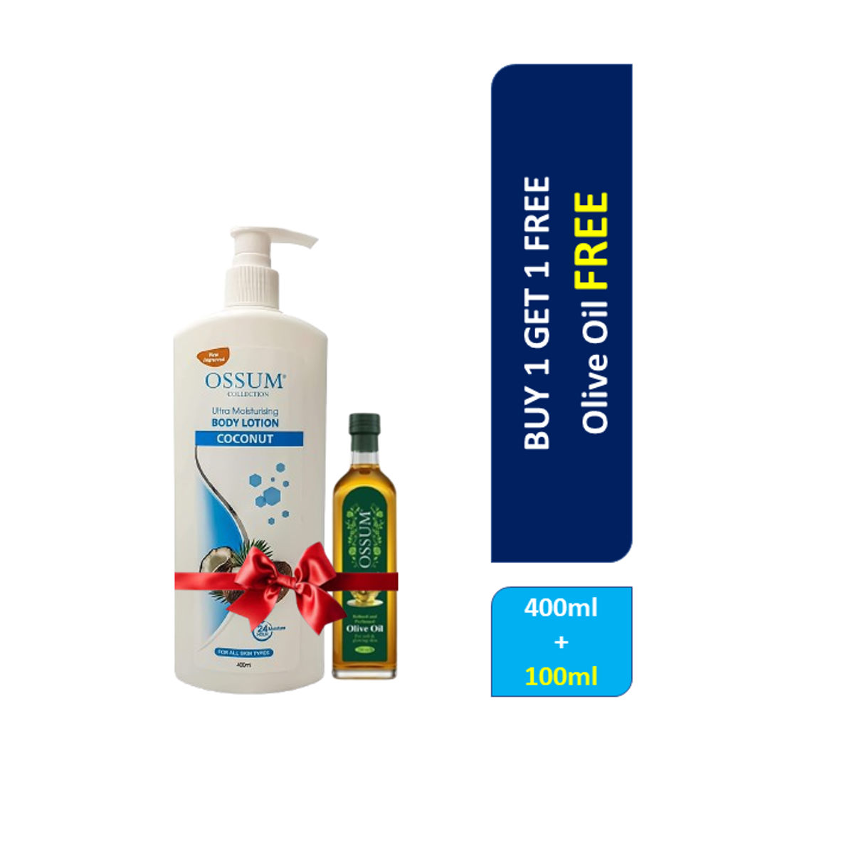 Buy 1 OSSUM Lotion Coconut 400ml Get 1 OSSUM Perfumed Olive Oil 100ml Free