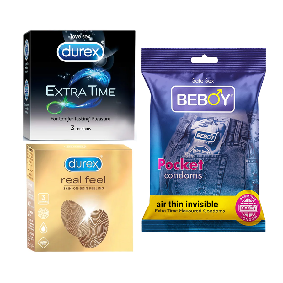 Durex SafeSkins Combo = 9Pcs Condom + Durex Extra Time 3s + Durex Real Feel 3s + Beboy Air Thin ...