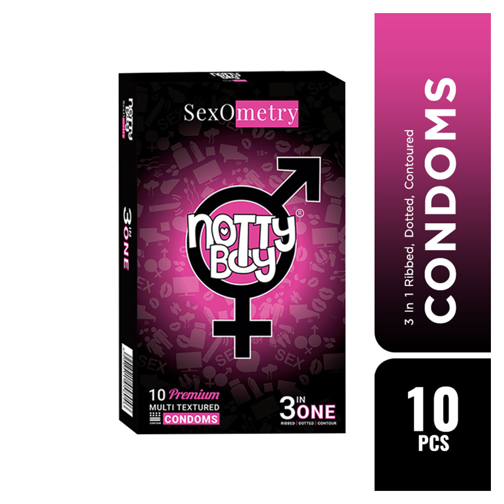 NottyBoy SexoMetry 3in1 - Ribbed & Dotted Extra Time Condom - 10Pcs Pack